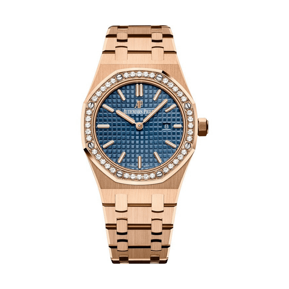 Audemars Piguet Royal Oak Quartz 33mm Rose Gold Blue Dial Diamond Bezel ...