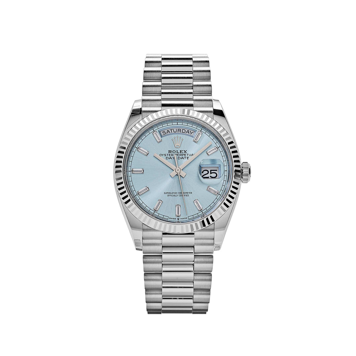 Rolex Day-Date 36 128236 Platinum Ice Blue Baguette Dial – Wrist Aficionado
