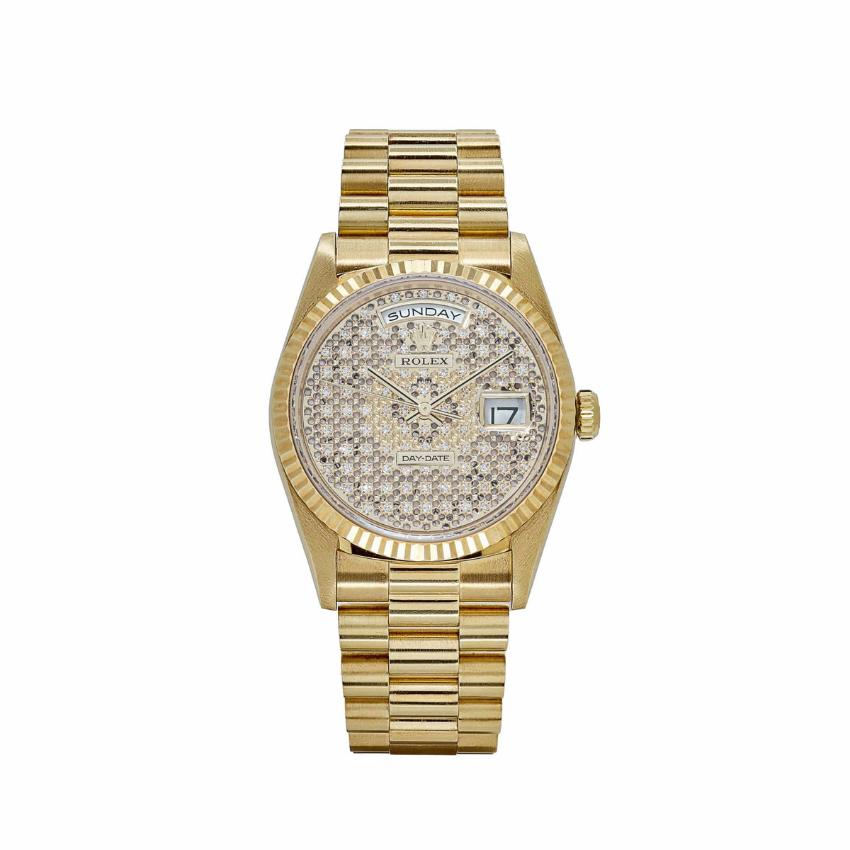 Rolex Day-Date 18238 Yellow Gold Skeleton Pavè Diamond Dial – Wrist ...