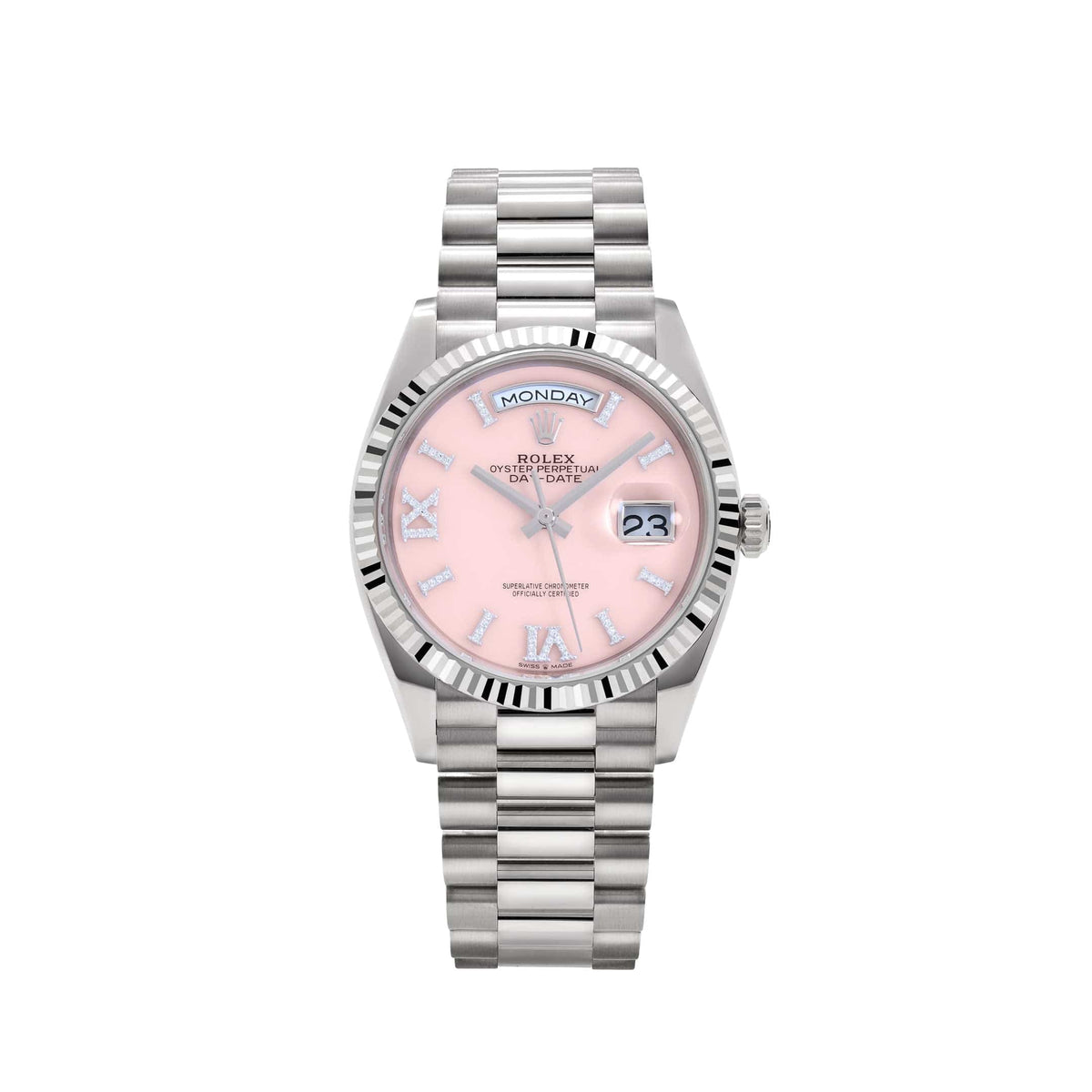 Rolex Day-Date 36 128239 White Gold Pink Opal Diamond Roman Numerals D ...