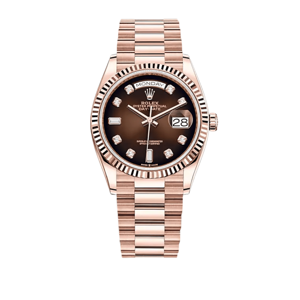 Rolex Day-Date 36 128235 Rose Gold Brown Diamond Dial – Wrist Aficionado