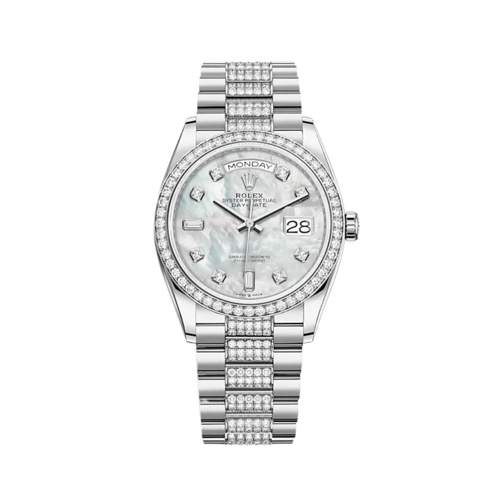 Rolex Day-Date 36 128349RBR White Gold Diamond Bezel Mother of Pearl D ...