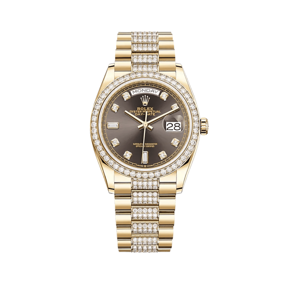 Rolex Day-Date 36 128348RBR Yellow Gold Diamond Bezel Grey Diamond Dia ...
