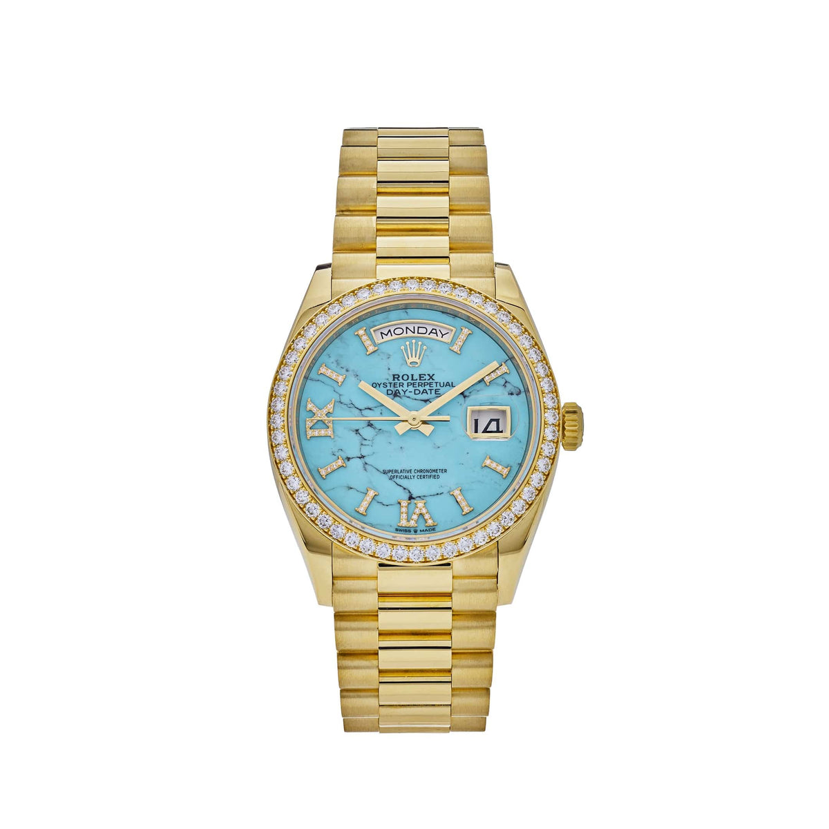 Rolex Day-Date 36 128348RBR Yellow Gold Diamond Bezel Turquoise Diamon ...