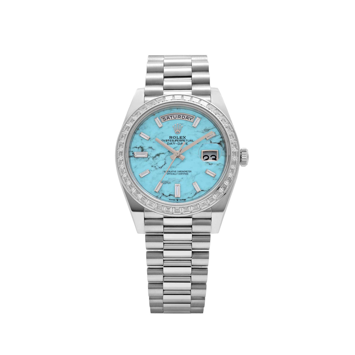 Rolex Day-Date 40 228396TBR Platinum Turquoise Stone Diamond Baguette ...