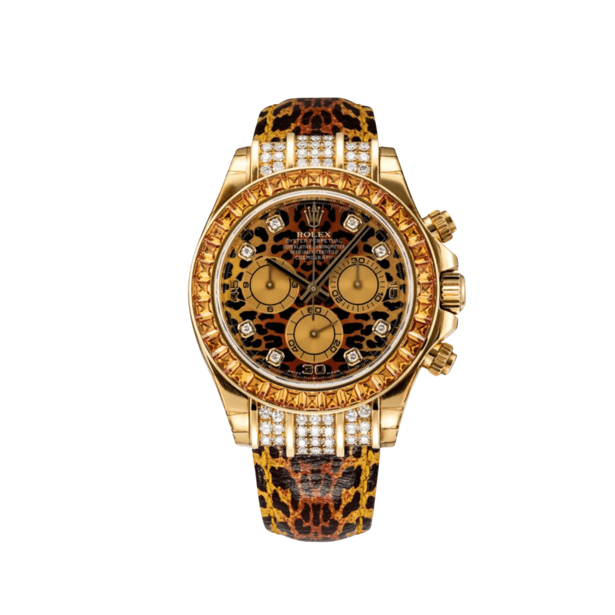 Rolex Daytona 116598SACO Yellow Gold 'Leopard' Diamond Dial Cognac Sap ...